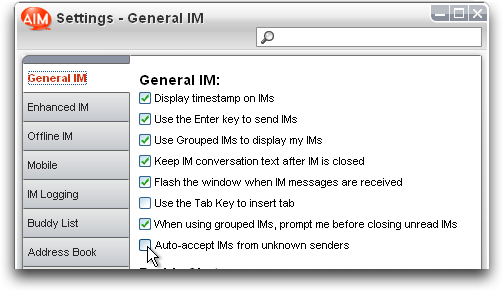 How do I block incoming AIM IM messages from strangers?