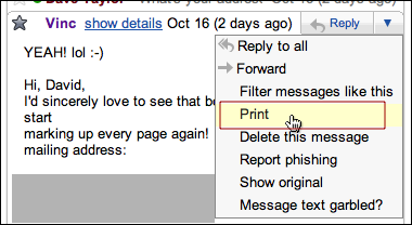 How can I print one message in a Gmail message thread?
