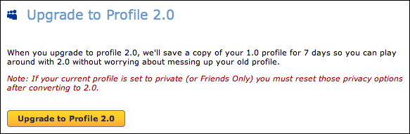 How do I upgrade my MySpace profile to Profile 2.0?