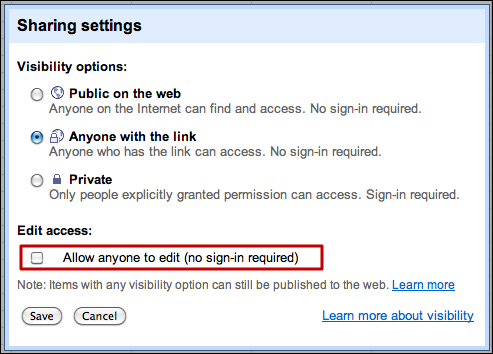 In Google Docs, can I create a non-password protected group spreadsheet?