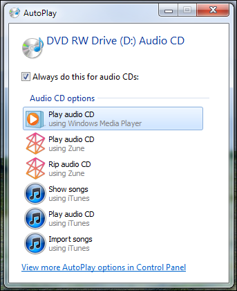 Change Windows 7 Autoplay settings for music CDs?