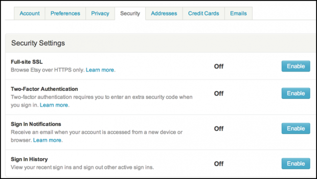 Enable Etsy 2-step account authentication?