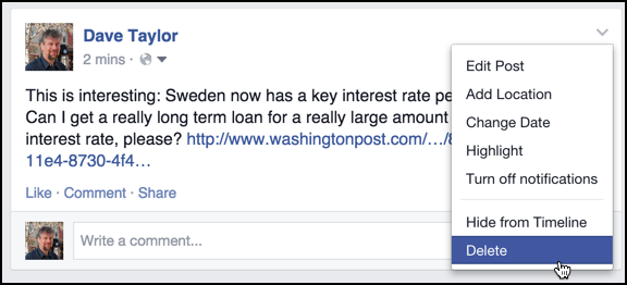How do I delete a status update on Facebook?