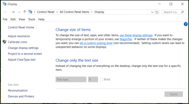 Change icon and system text size on Windows 10?