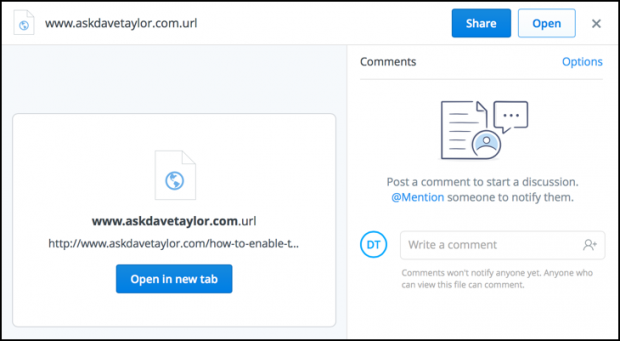 How do I share a Website URL on Dropbox?
