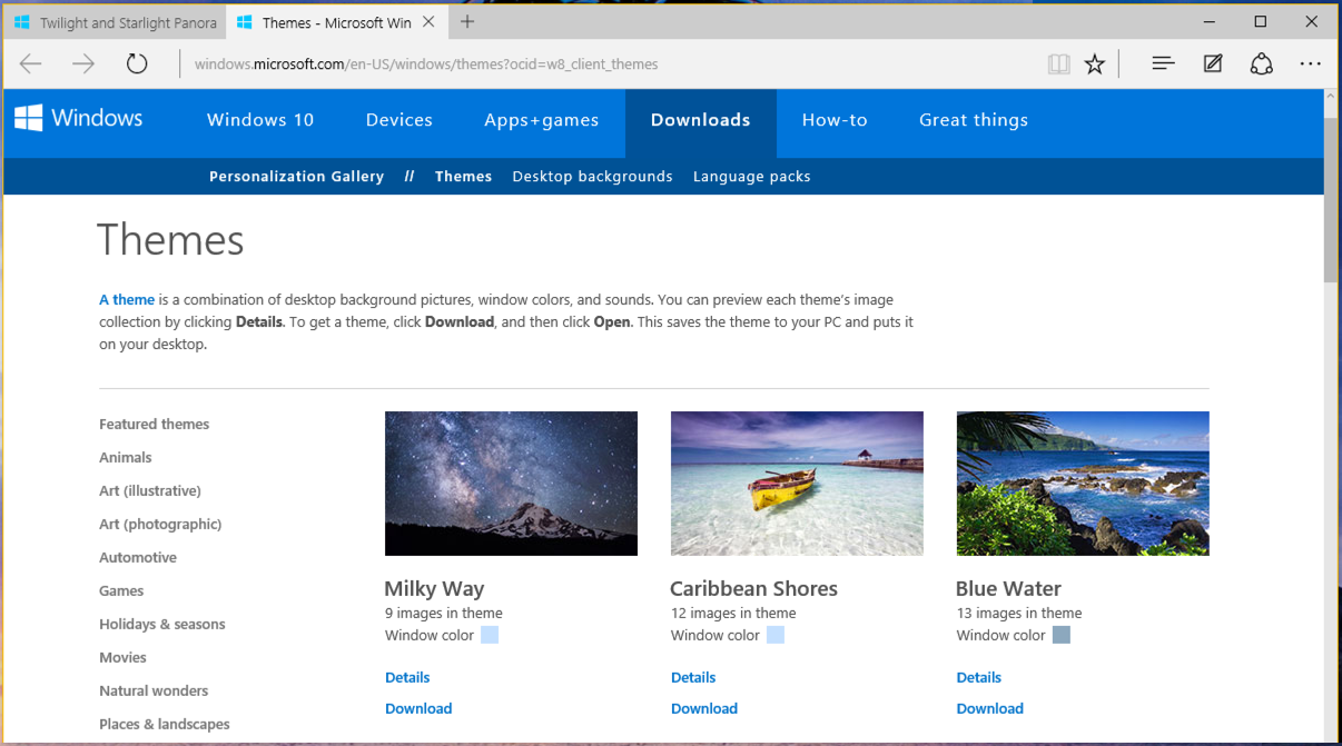 Download new landscape themes in Windows 10?