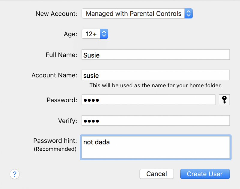 Create Mac User Account with Parental Controls?