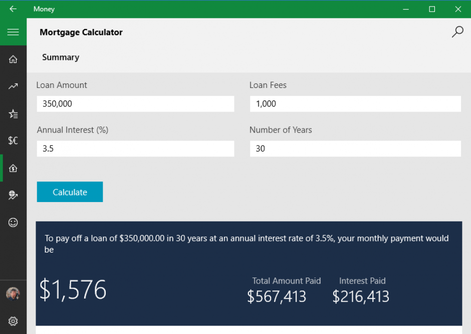 Built-in Windows 10 Mortgage Calculator?