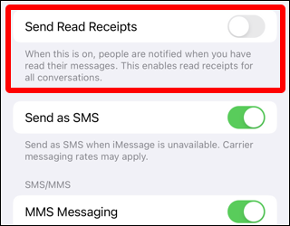 How can I disable “Read Receipts” in SMS text messages from my iPhone?