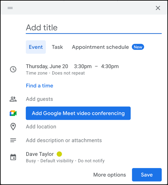 How do you Create a Google Calendar event for an In-Person Meeting?
