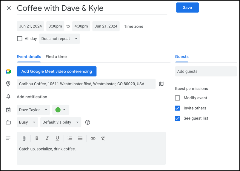 How do you Create a Google Calendar event for an In-Person Meeting?