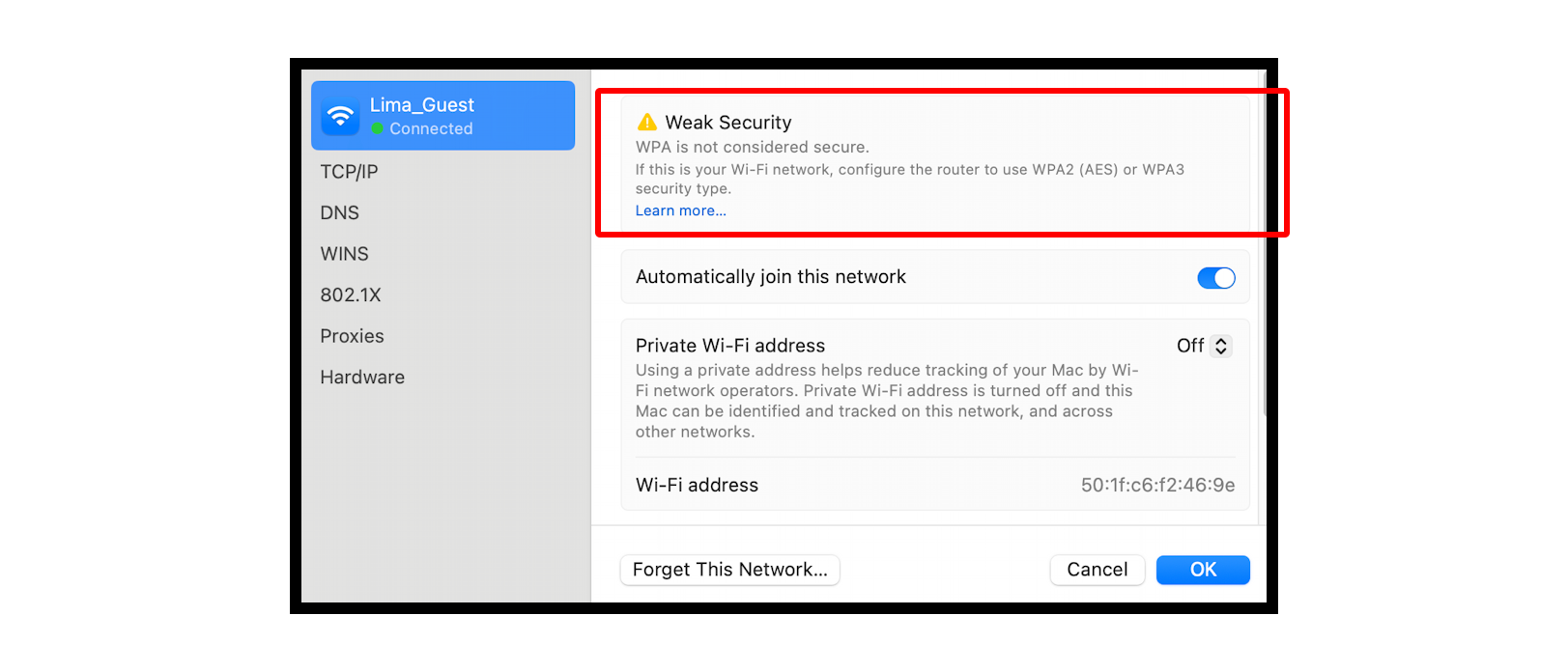 My Mac Complains about “Weak Security” with a Wifi Network?