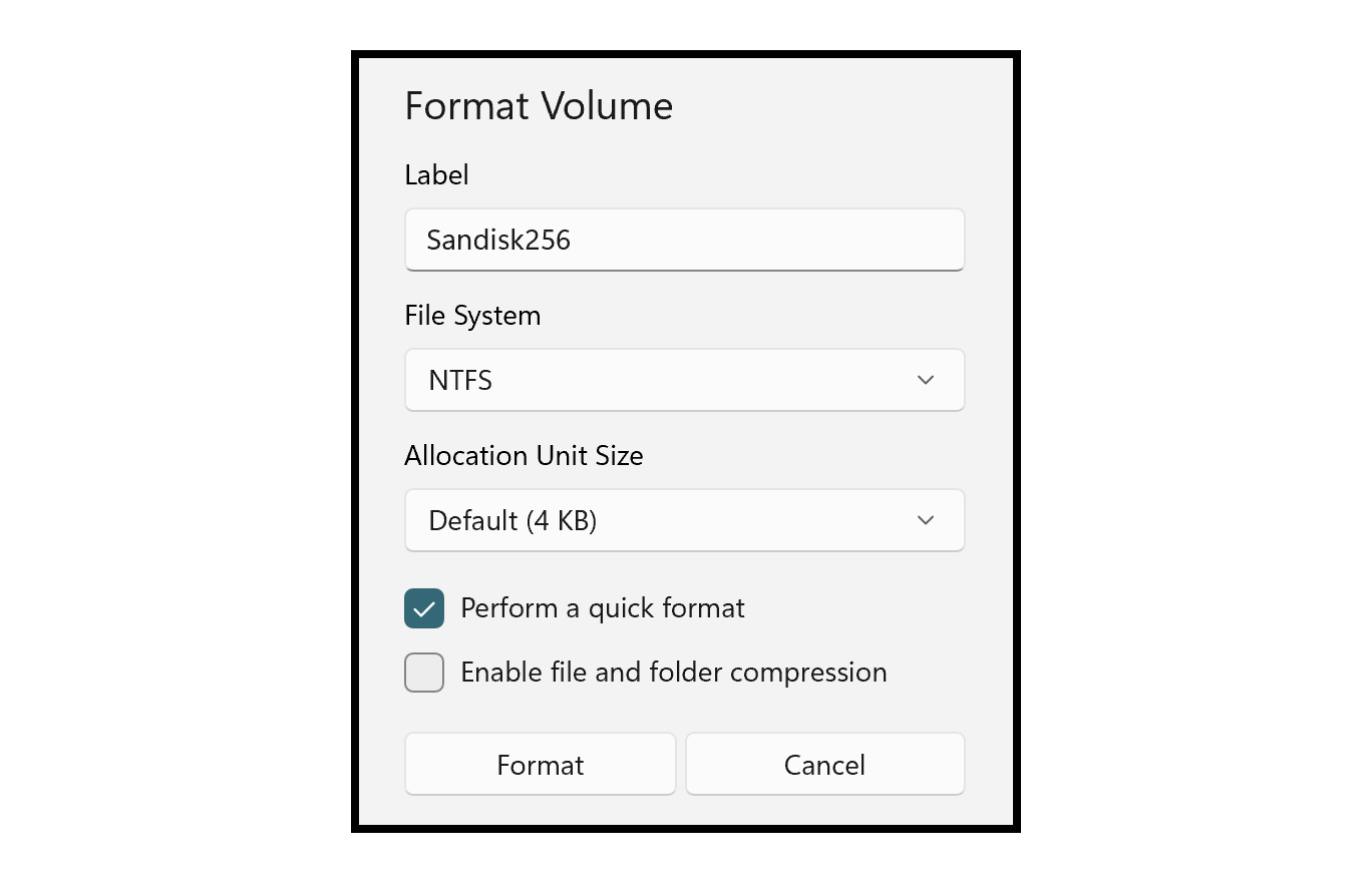 Reformat a USB Flash Drive from ExFAT to NTFS in Win11?