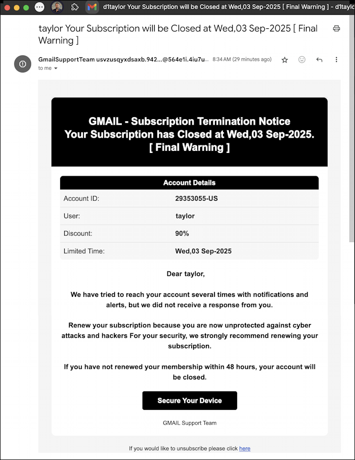 Gmail Subscription Termination Warning? It’s a Scam.